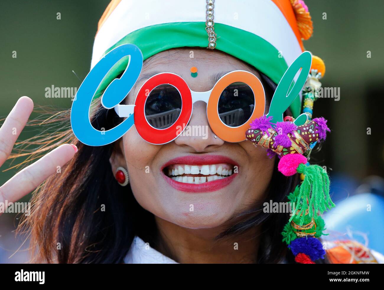 India cricket fans in fancy dress cheering during the ICC Champions ...