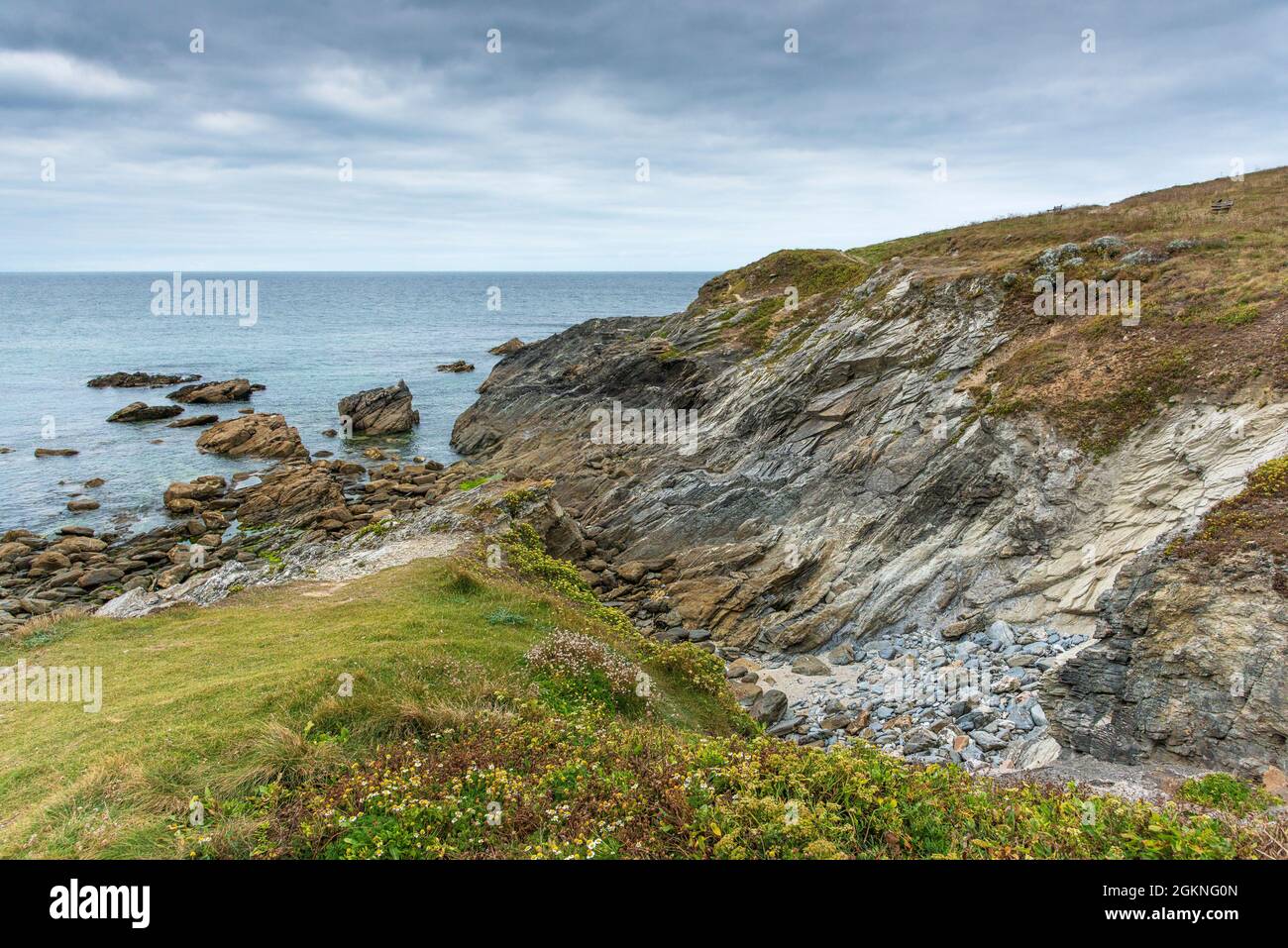 The rough rocky rugged coast around Towan Head in Newquay in Cornwall ...