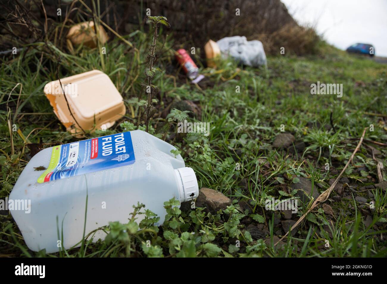 Litter on rural roadside, Northumberland national park, Northumberland ...