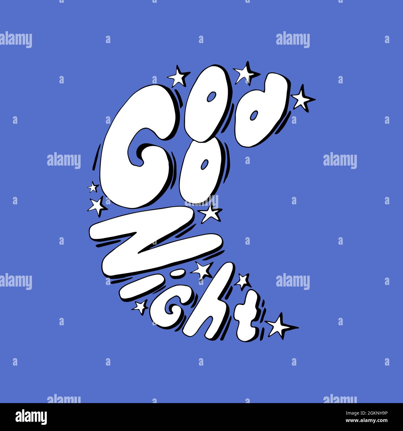 Good night doodling white lettering, moon shape, crescent moon, star ...