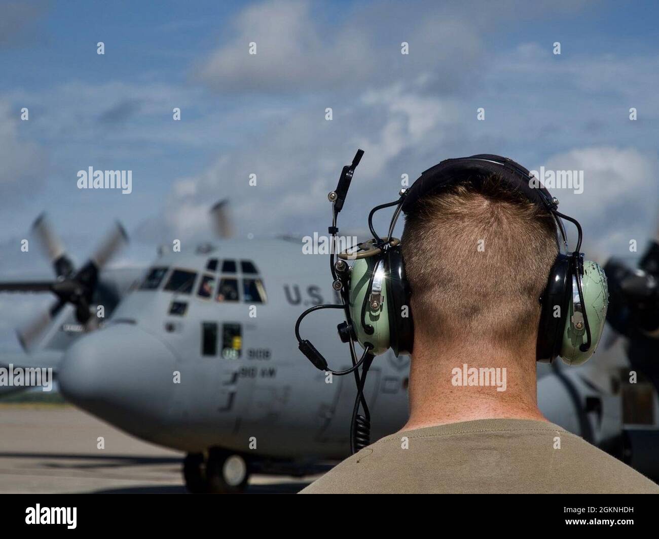 U.S. Air Force Tech. Sgt. Taylor Webber, a crew chief with the 910th Airlift Wing, Ohio ...