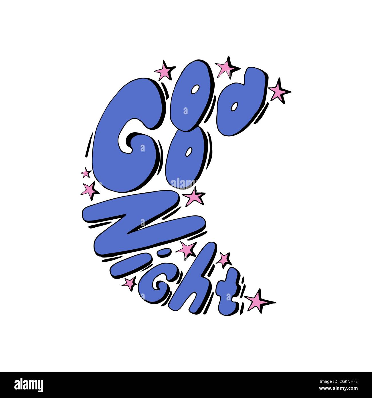 Good night doodling blue lettering, moon shape, crescent moon, pink ...