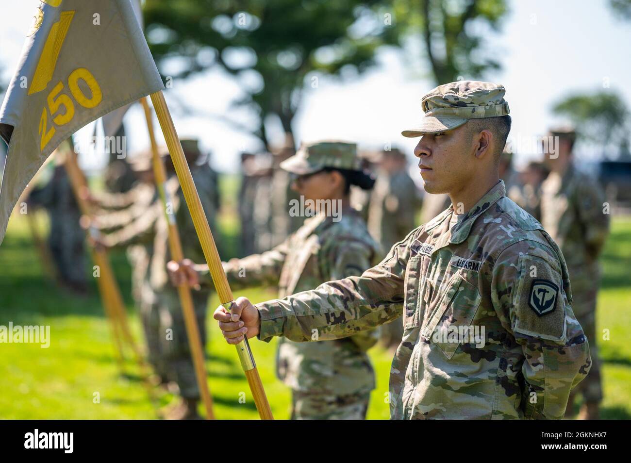 U.S. Army Soldiers, with the 42nd Regional Support Group (RSG), stand in formation during the ...