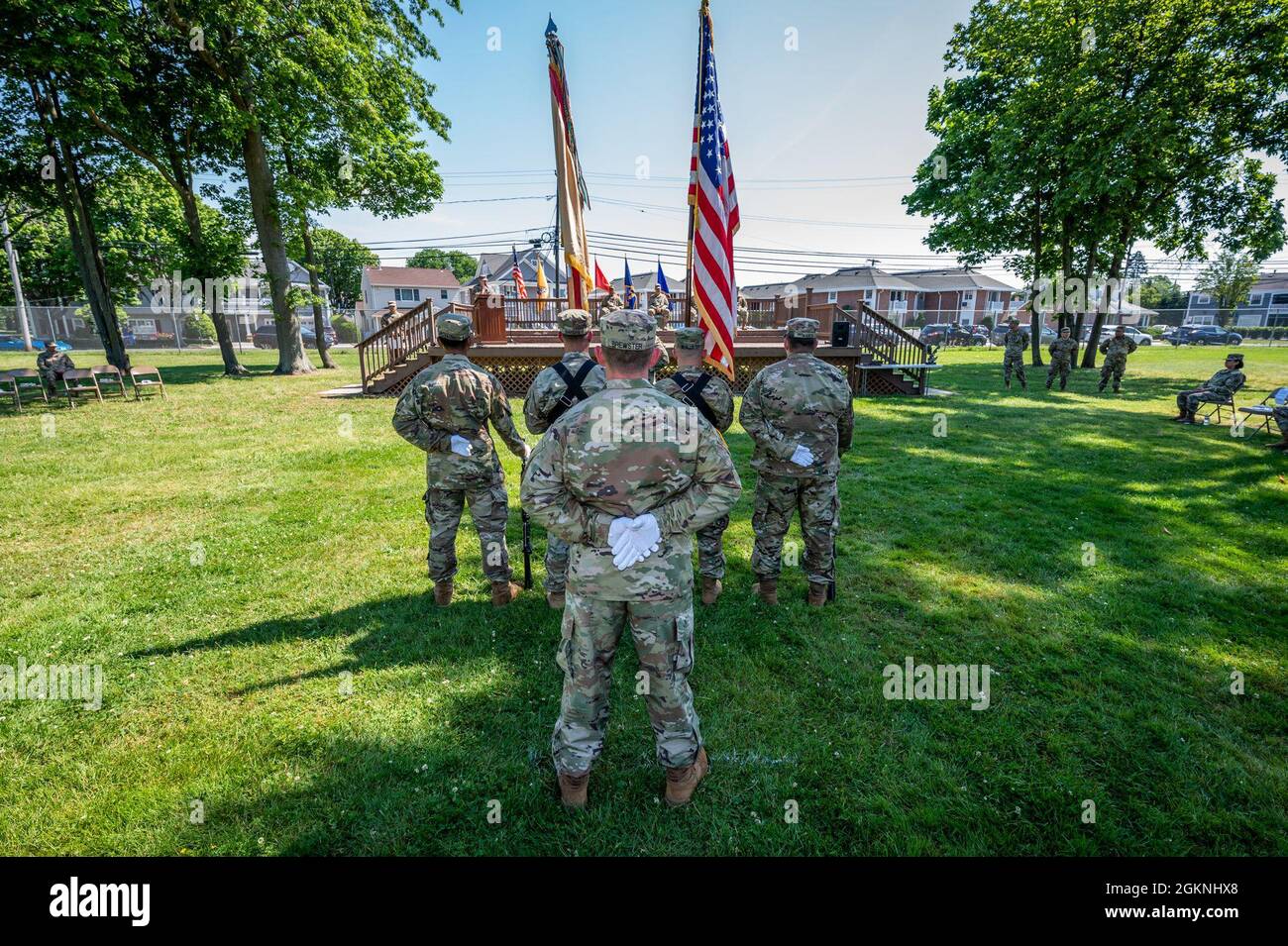 New Jersey Army National Guard Color Guard stand by as Lt. Col. Tracy ...