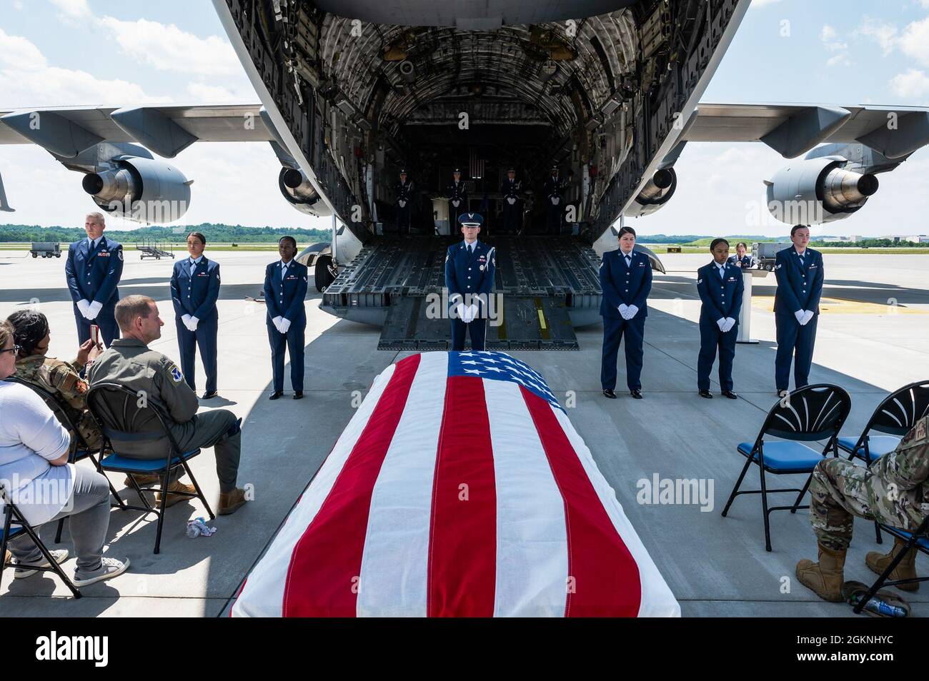Members of the 911th Airlift Wing Honor Guard stand in front the ...
