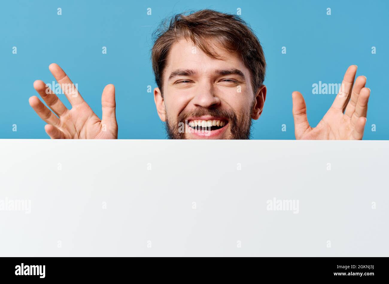 manager White billboard advertising copy-space blue background Stock ...