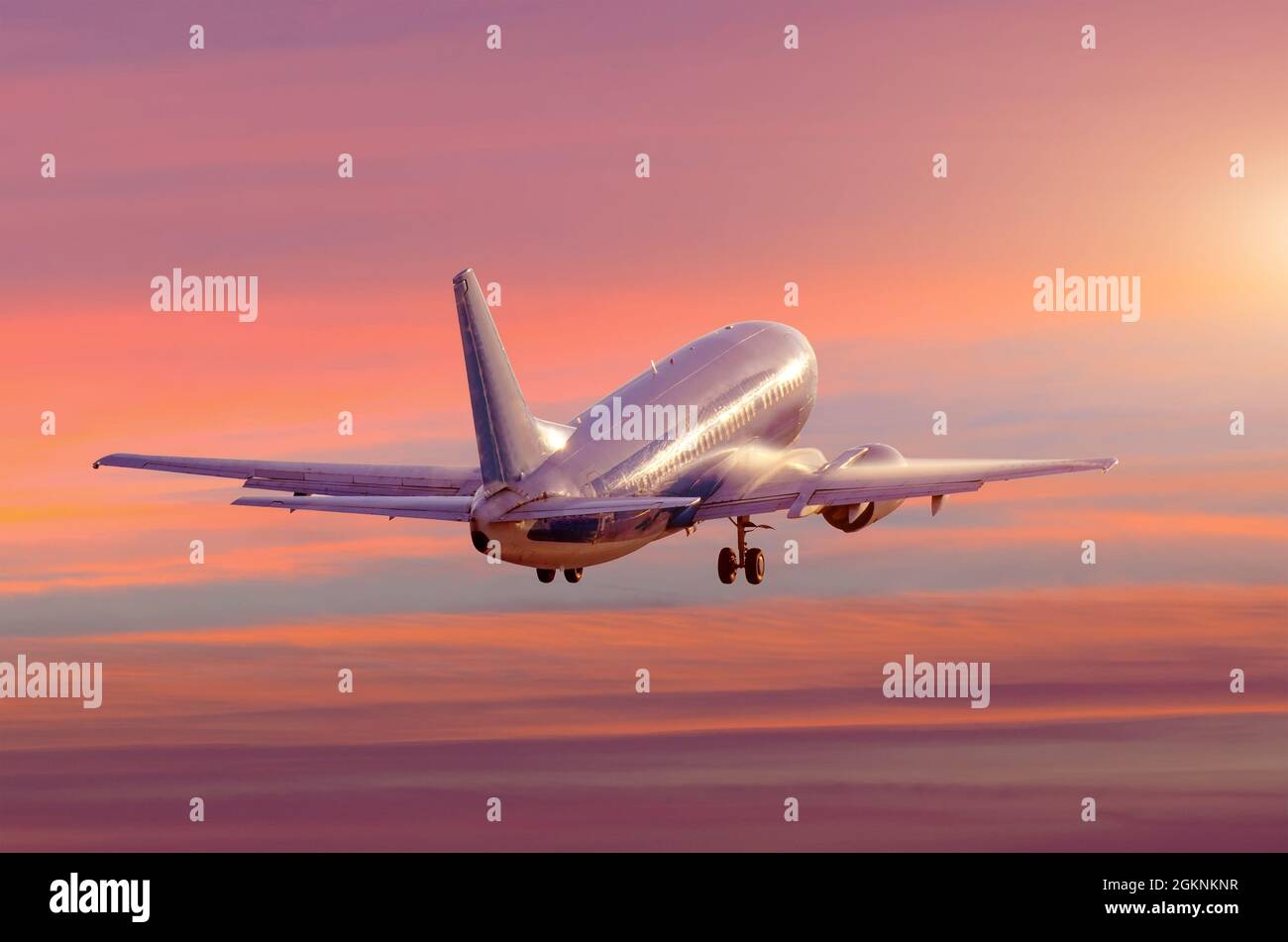 Airplane take off in wet, damp weather, the water flows down the ...
