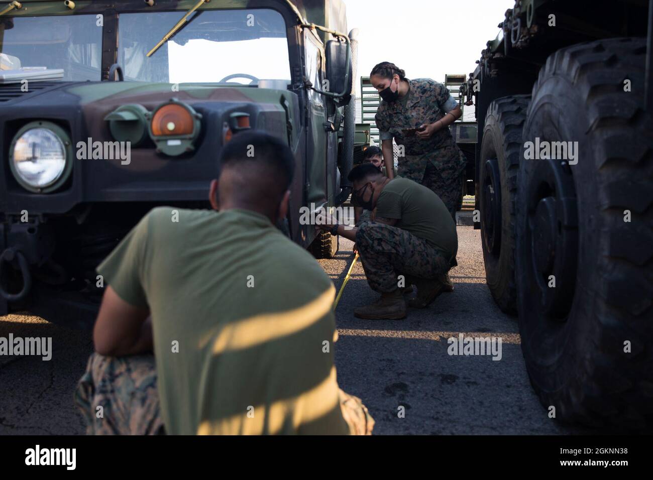 U.S. Marines with Marine Wing Support Squadron 171 mark and measure ...