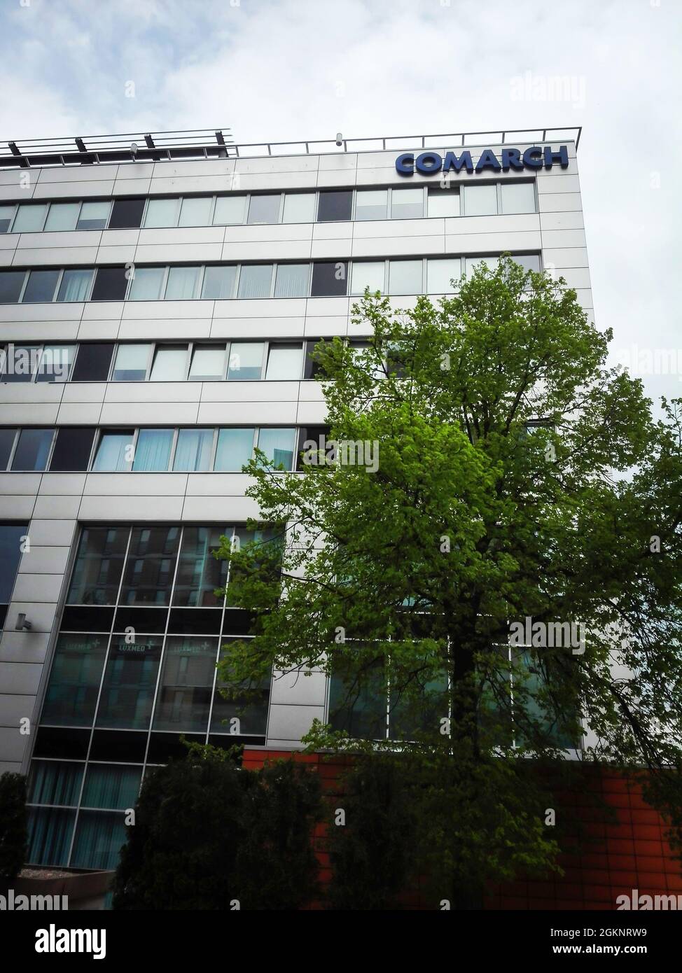POZNAN, POLAND - Apr 10, 2018: A low angle shot of an office building ...
