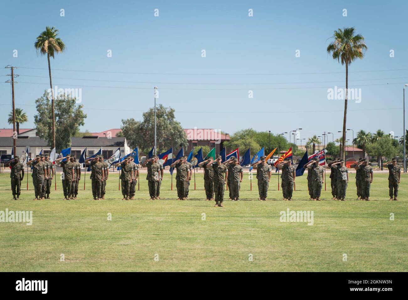 U.S. Marines from Marine Wing Support Squadron 371 salute while the ...