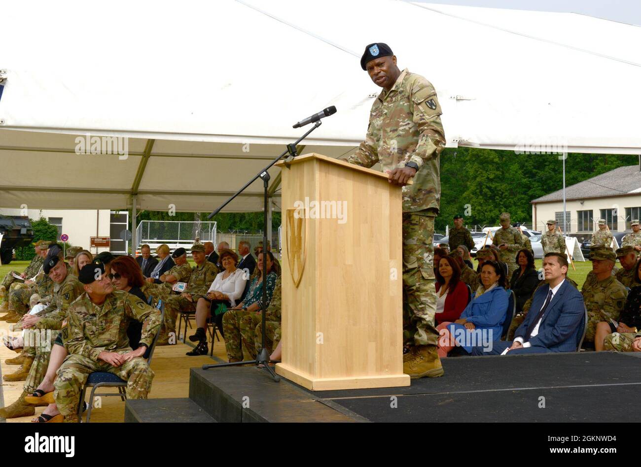 U.S. Army Brig. Gen. James M. Smith, 21st Theater Sustainment Command commander delivers his ...