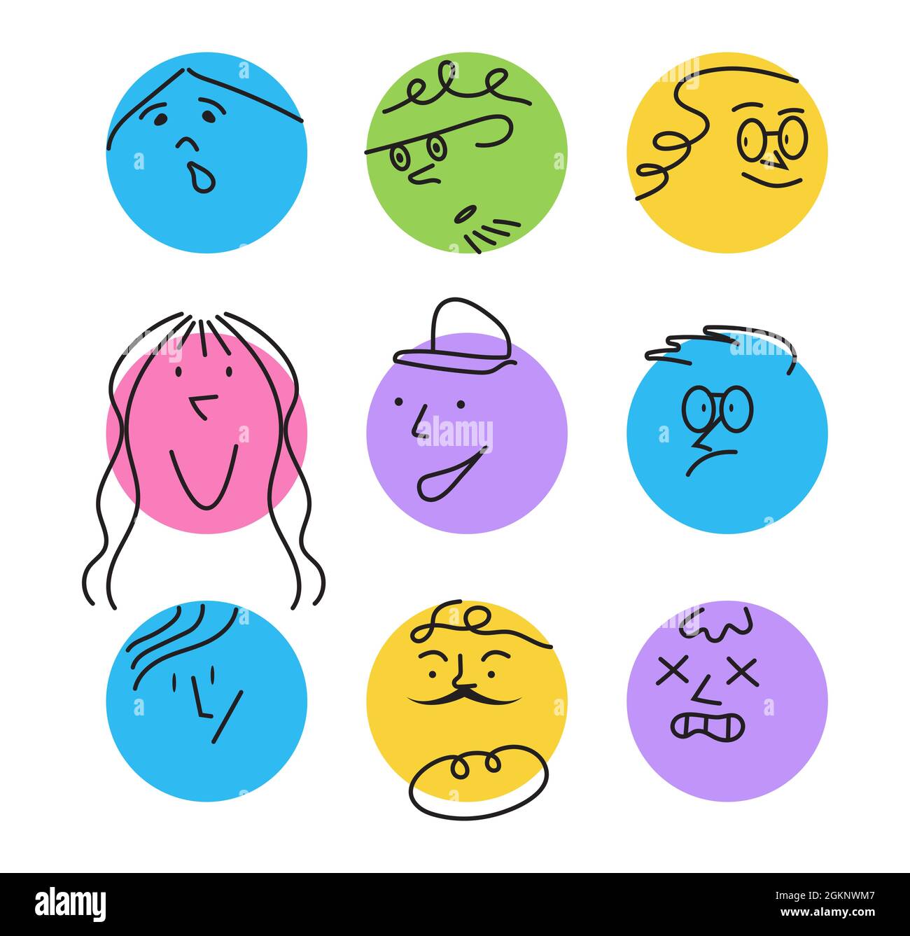 Cute circle abstract geometrical faces set. Emotions on colorful spots ...