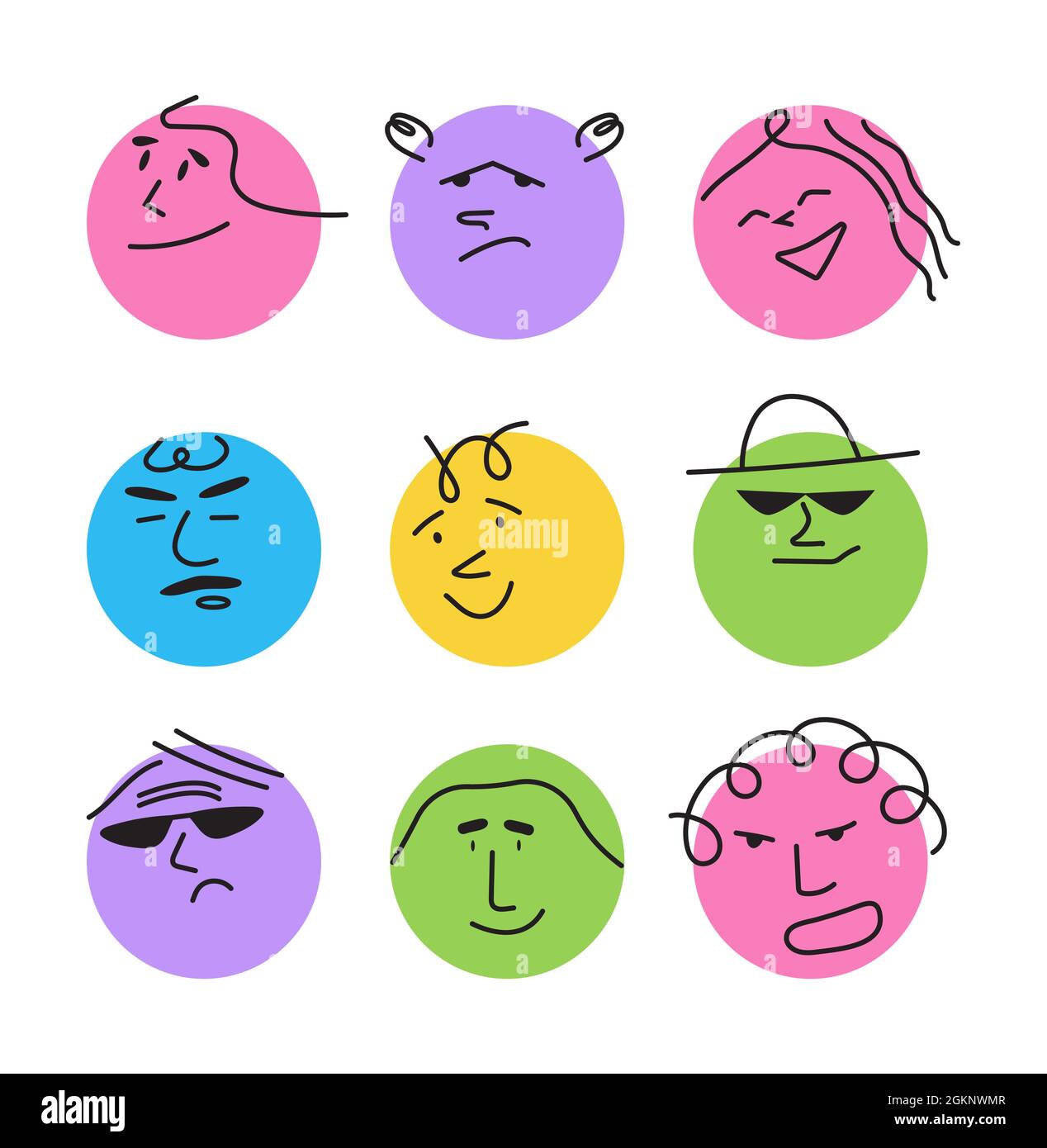 Cute circle abstract geometrical faces set. Emotions on colorful spots ...