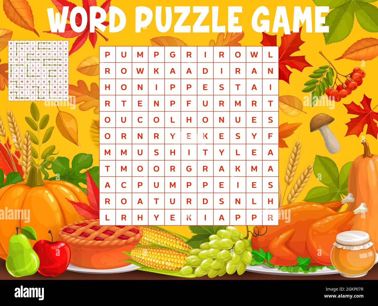 Autumn leaves and Thanksgiving meals, word search puzzle game worksheet ...