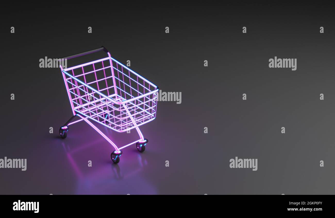 neon shopping cart on black background with reflections and space for ...