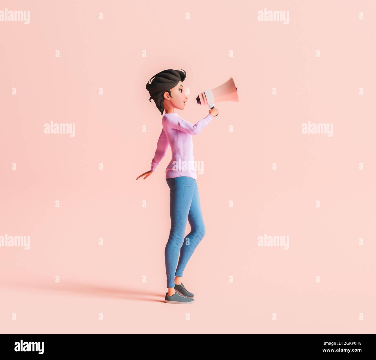 3d stylized female character talking through a megaphone with full body ...