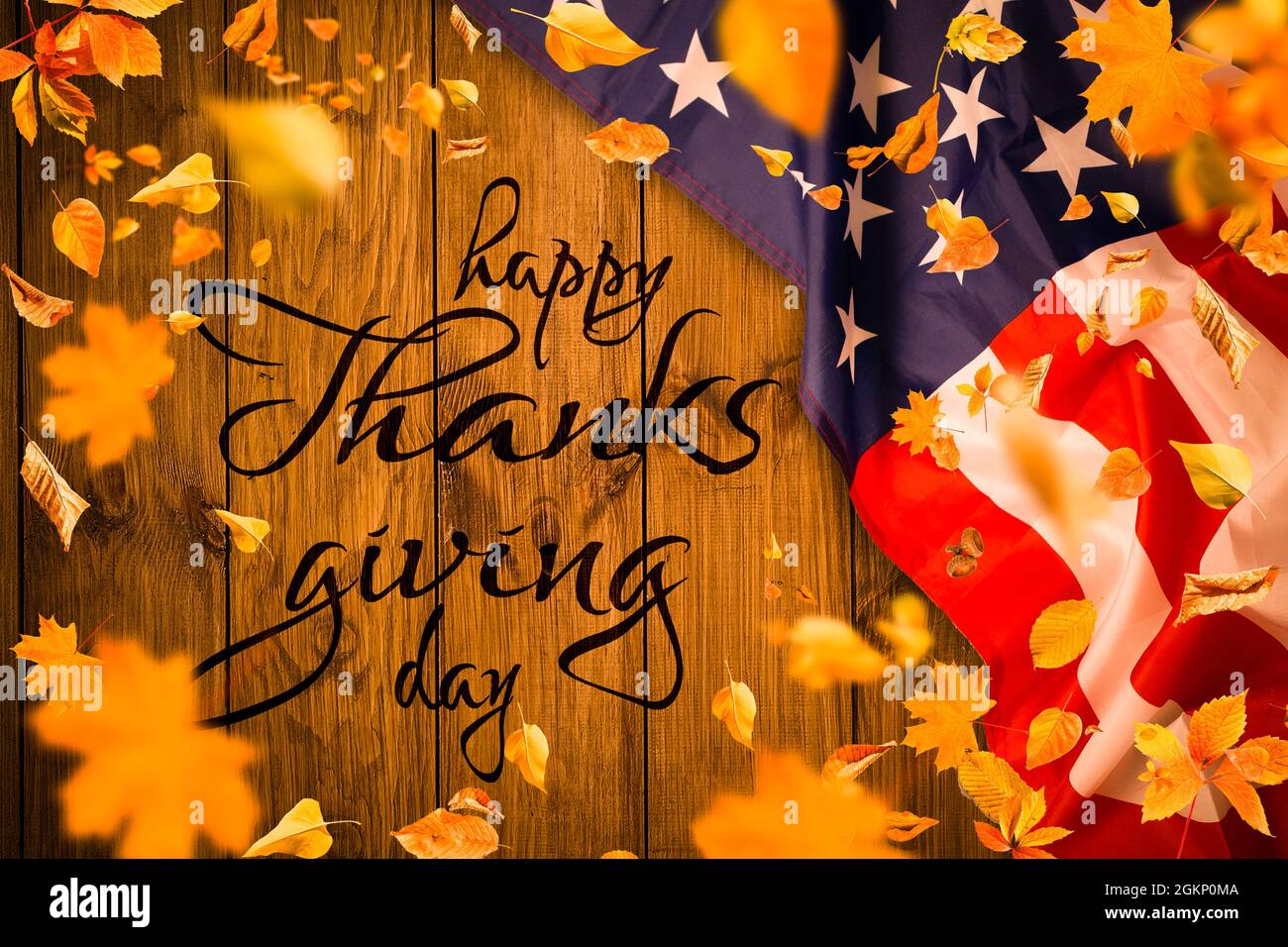 Happy Thanksgiving. American flag on brown background Stock Photo - Alamy