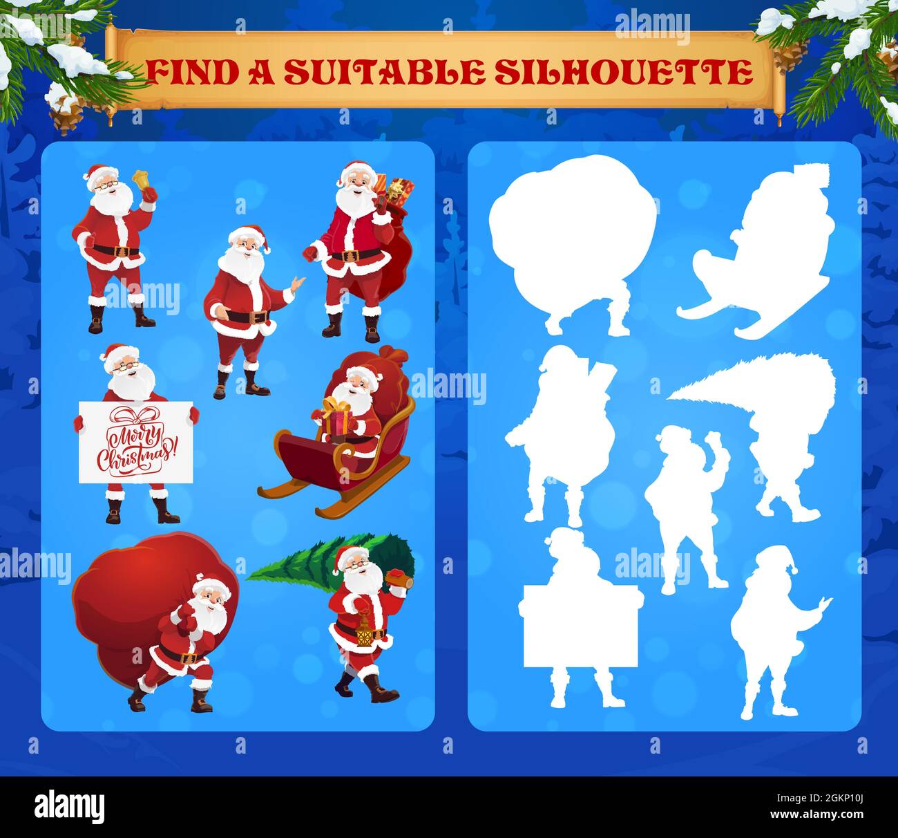 Kids game find suitable silhouette vector puzzle with cartoon Santa ...