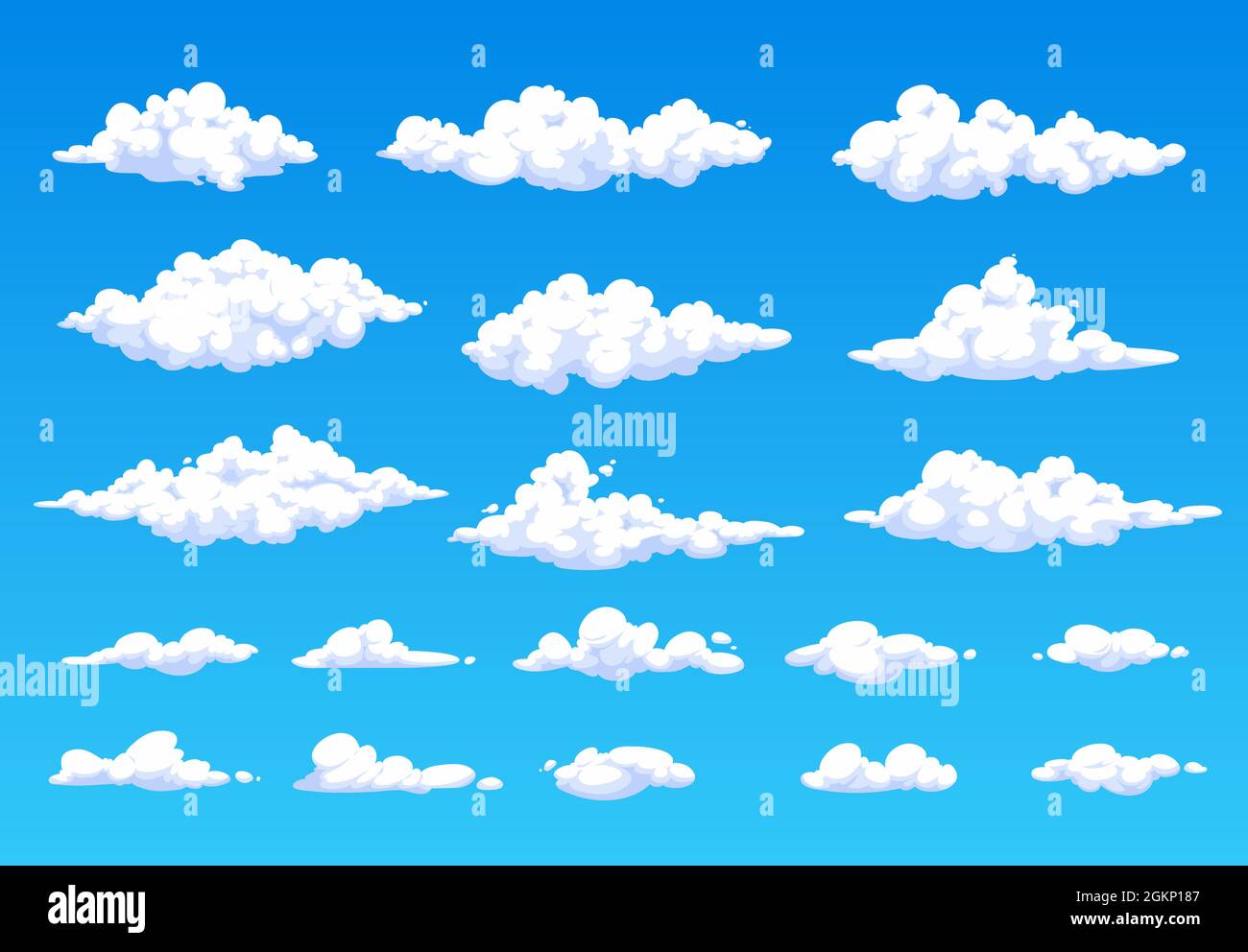 Cartoon fluffy white clouds in blue sky. Vector summer cloudscape ...