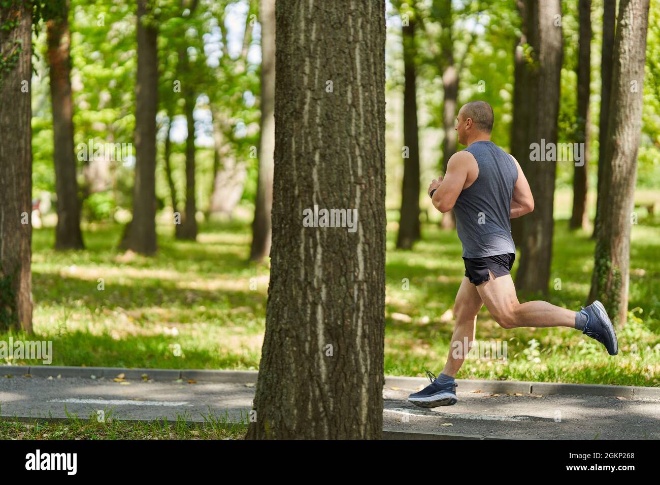 Athletic man marathon runner training in the park alleys Stock Photo ...
