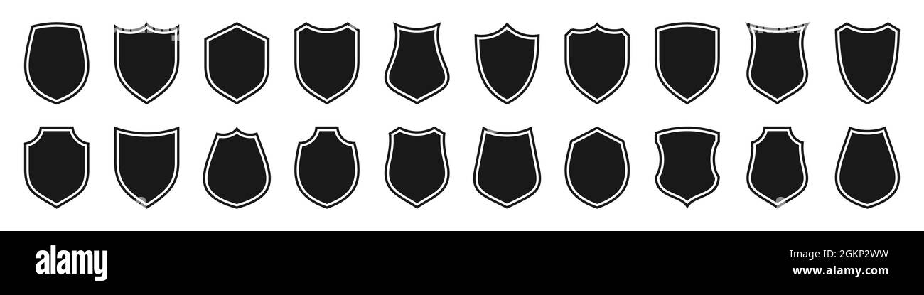 Set of various vintage shield icons. Black outlined heraldic shields ...