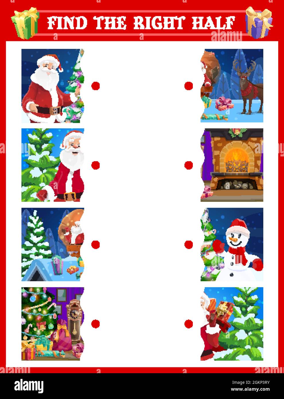 Matching halves game with Christmas cartoon characters. Vector kids ...