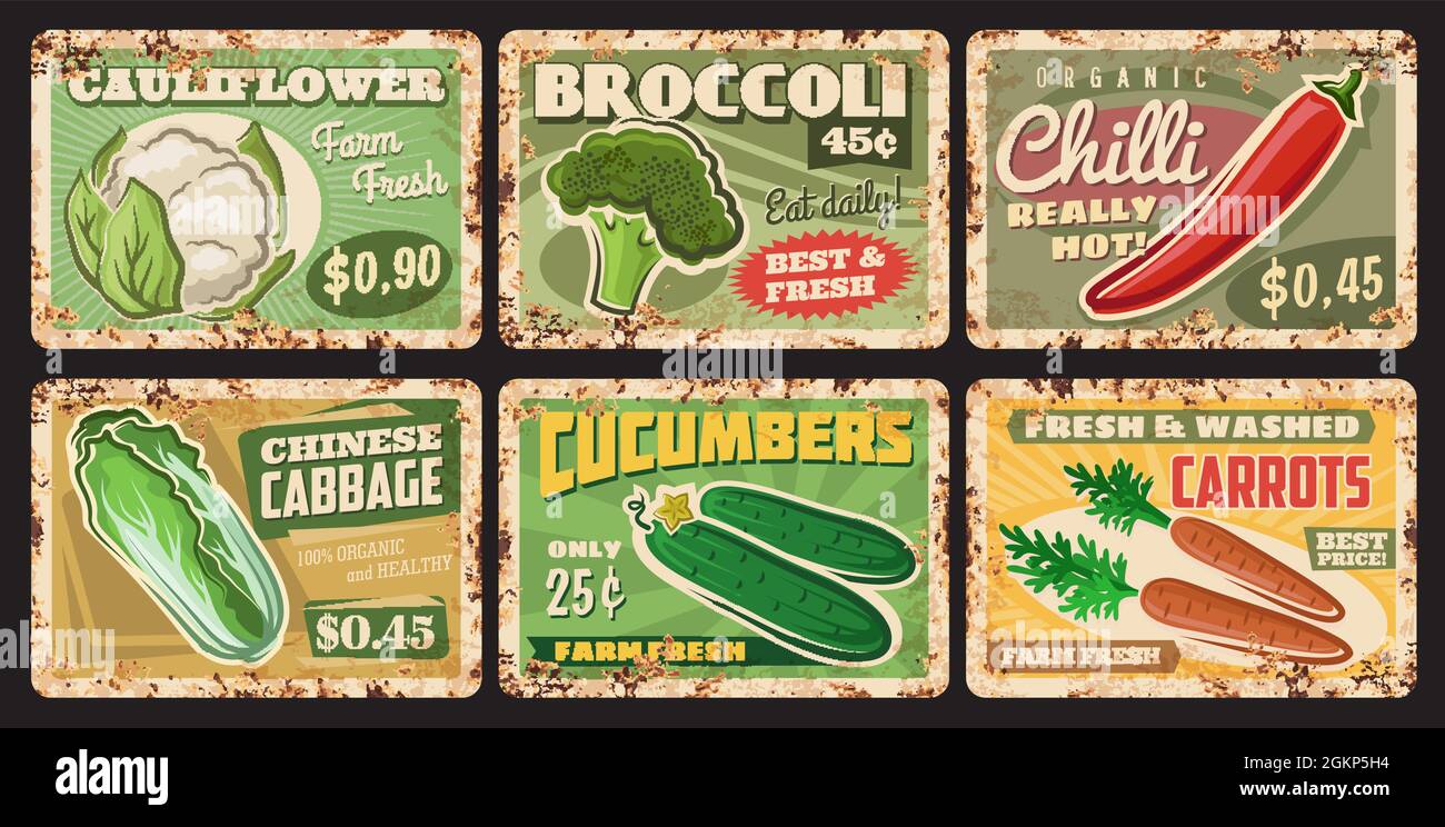 Vegetables rusty metal plates, vector price tags for farm market ...