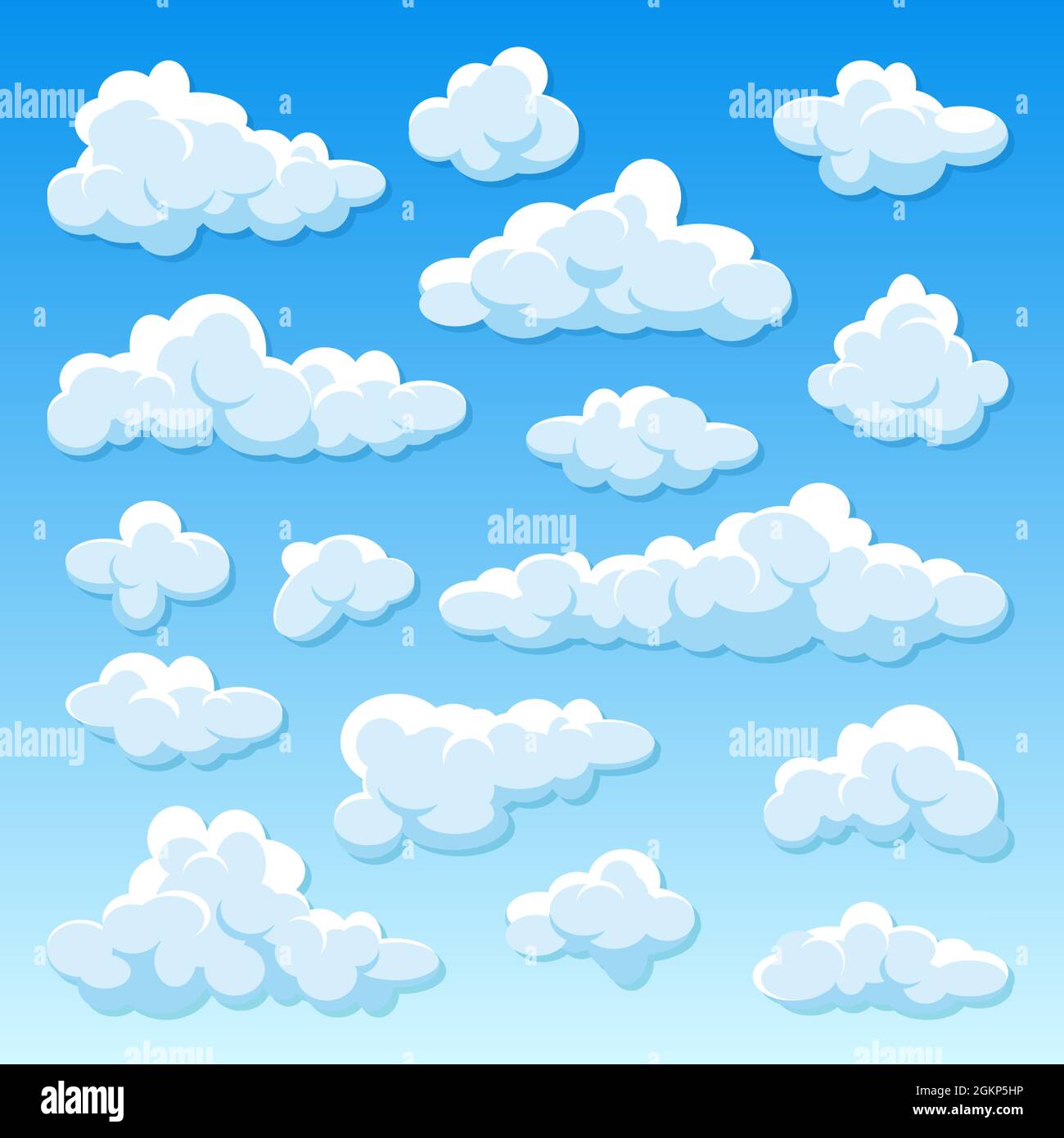 Various round clouds with shadow on blue gradient background. Summer ...