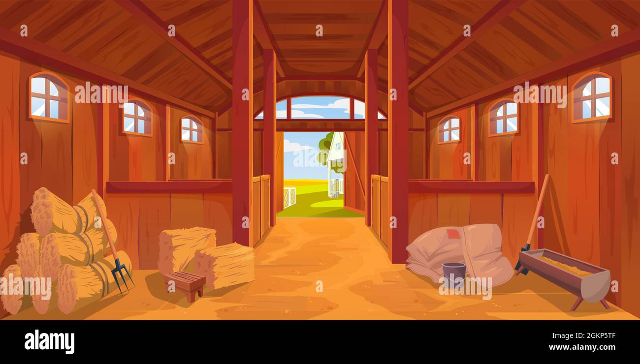 Farm stable or barn interior with sand floor, vector cartoon hayloft ...