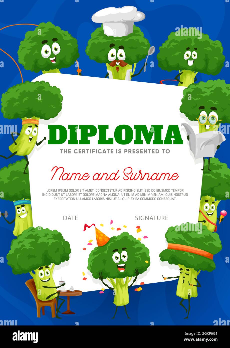 Kids diploma certificate with cartoon broccoli characters, vector ...