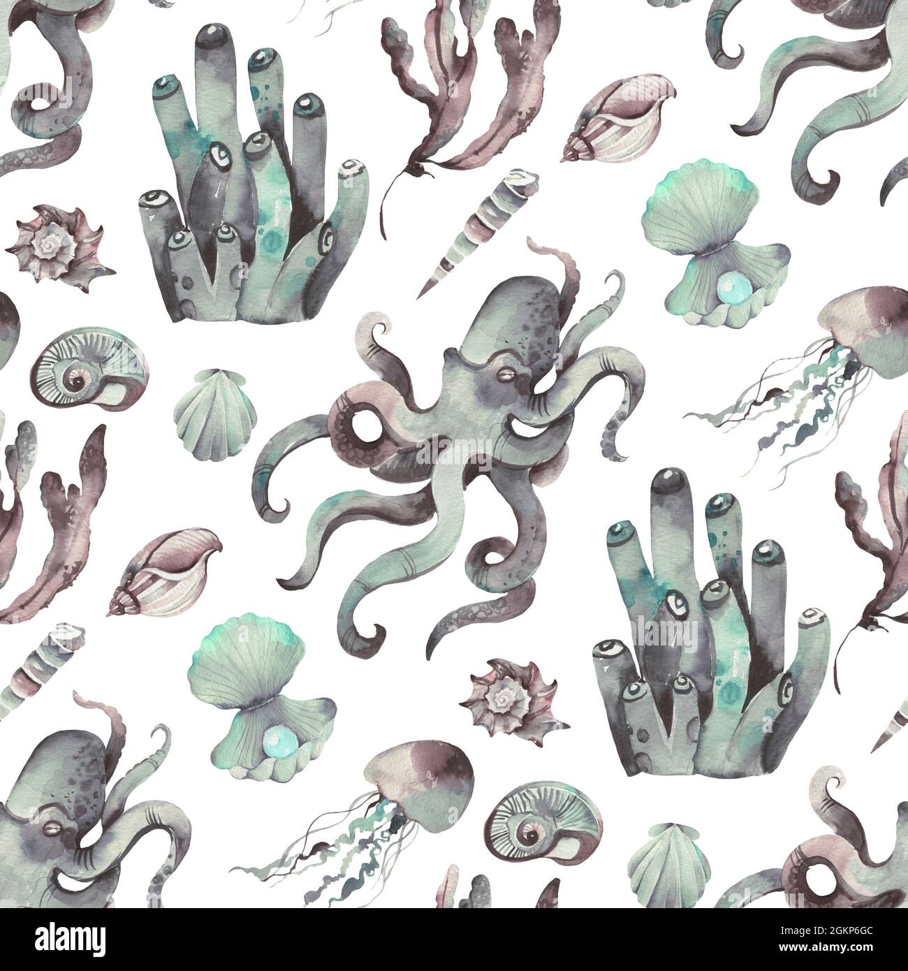Underwater Sea animals pattern - seashells, seaweed, octopus stingray ...