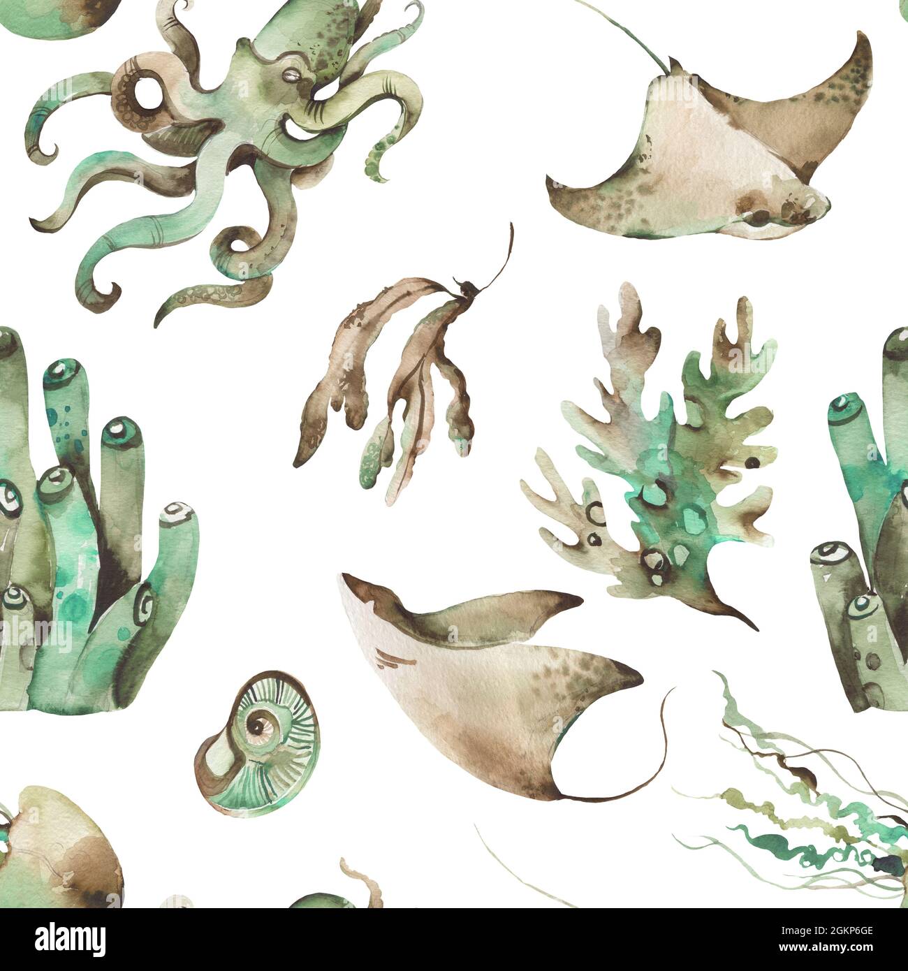Underwater Sea animals pattern - seashells, seaweed, octopus stingray ...
