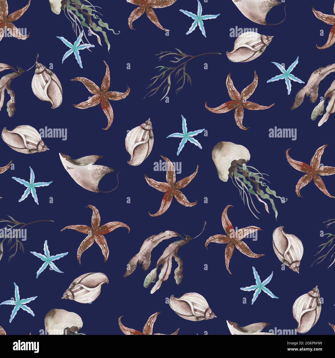Sea, nautical, marine pattern with isolated hand painted watercolor ...