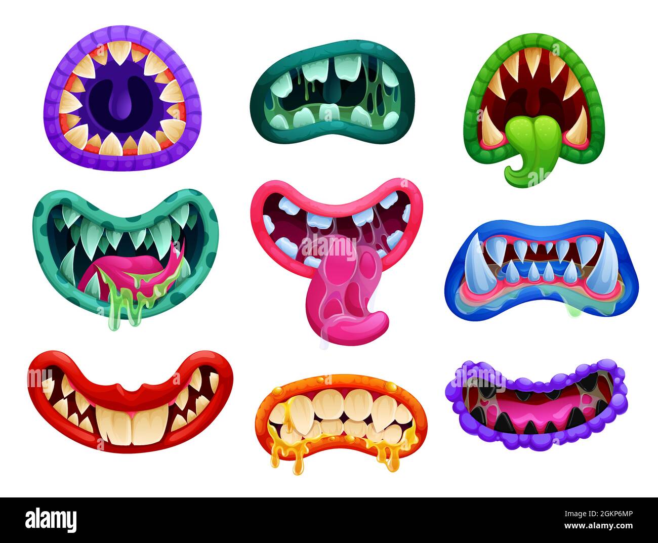 Cartoon Halloween danger monster jaws and mouth with teeth and tongues, vector mask icons ...