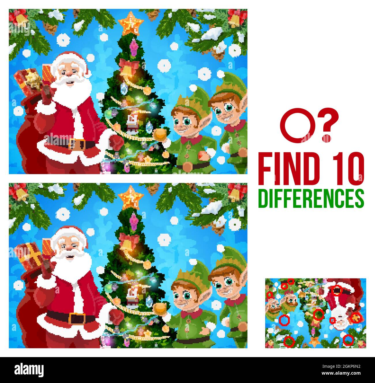 Kids Christmas find ten differences game with Santa, elfs and decorated ...
