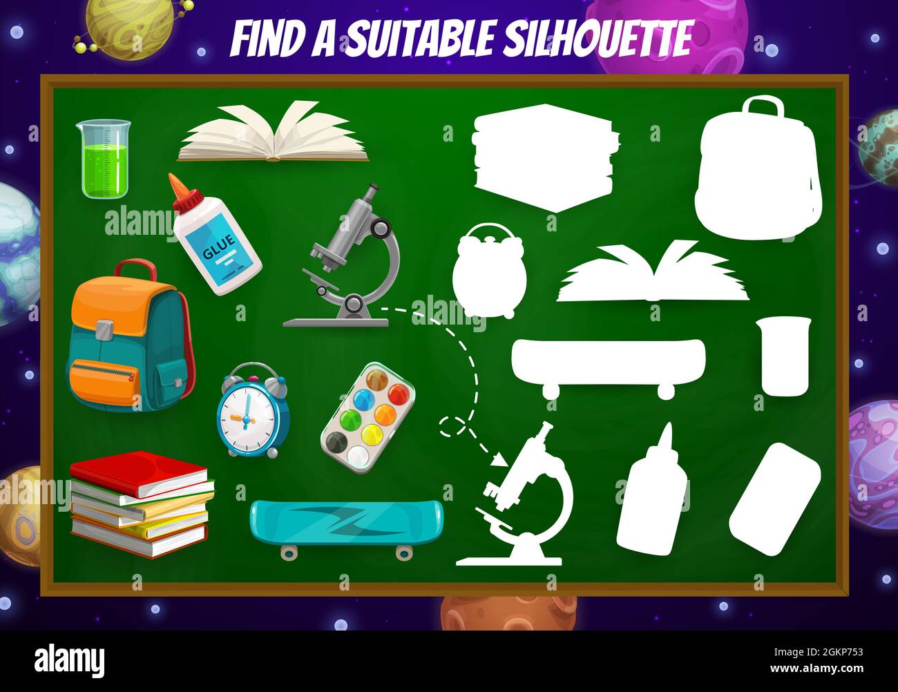 Find suitable school item, game worksheet with stationery, school board ...