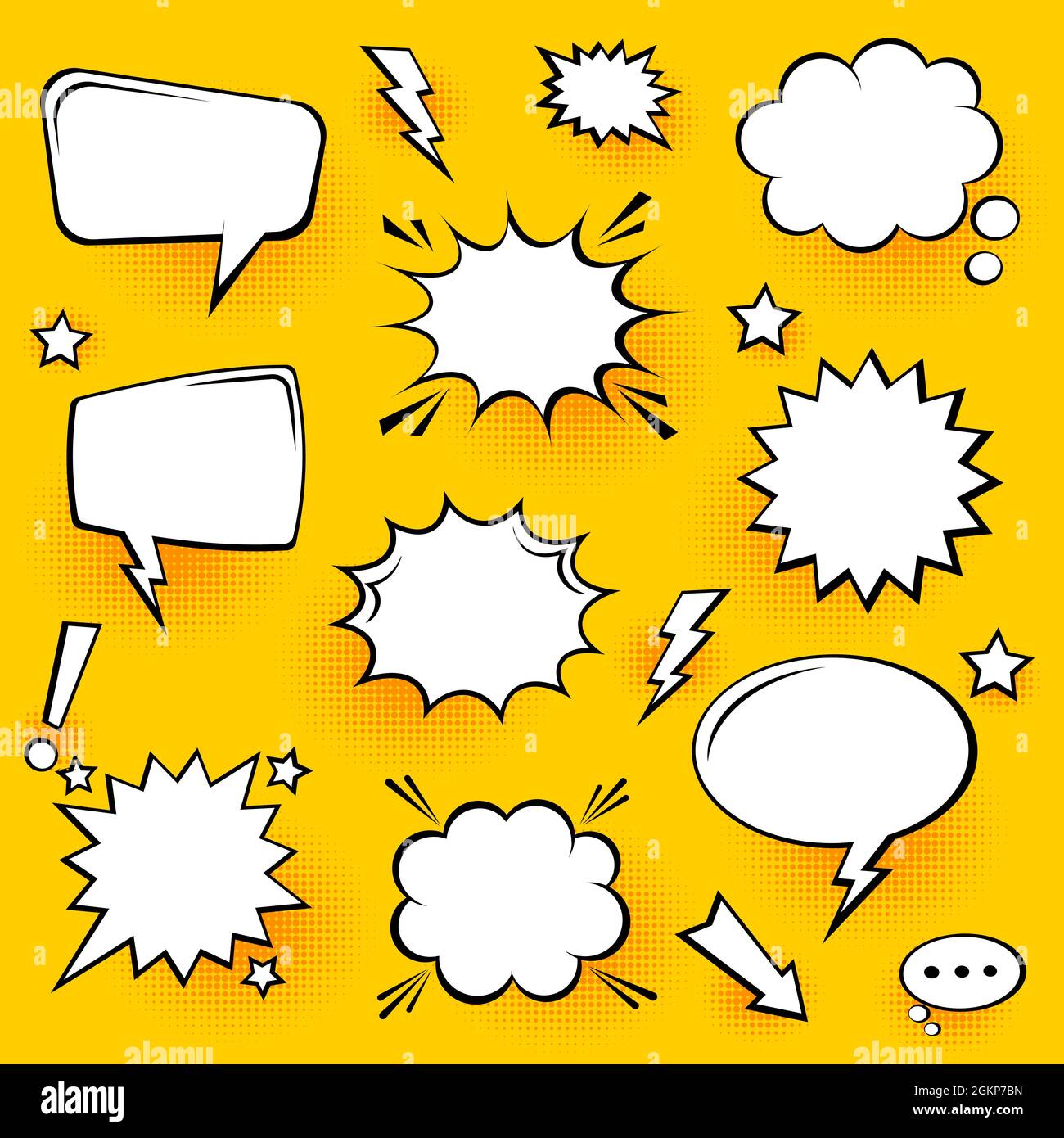 Blank comic speech bubbles with halftone shadows on yellow background. Hand drawn retro cartoon ...