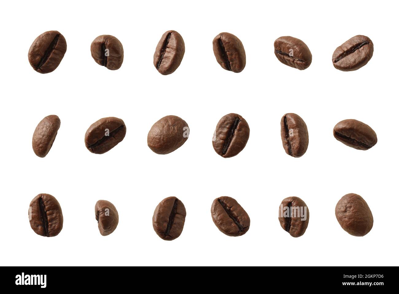Macro collection of row of coffee beans in various views cut out. Front ...