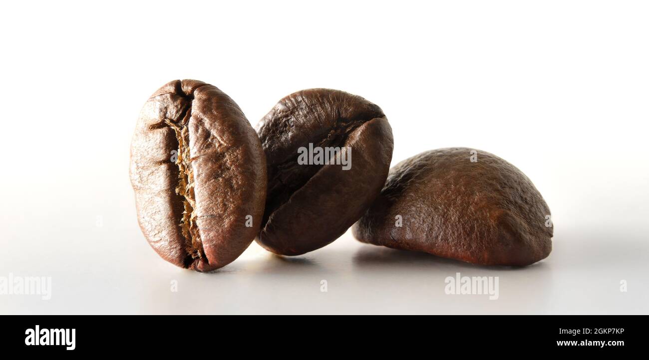 Macro view of three coffee beans reflected on white table and white ...