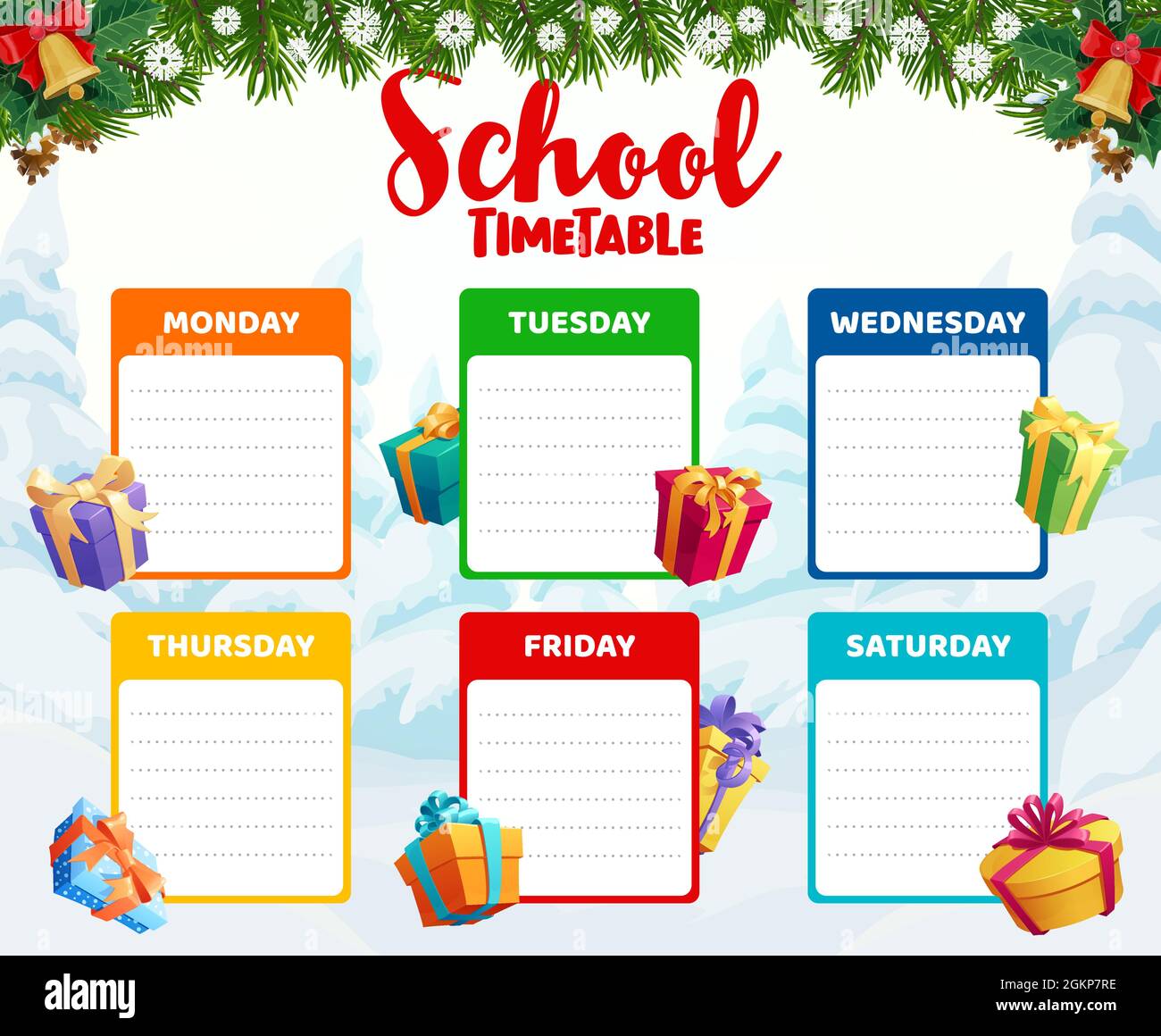 Children school timetable template with Christmas gifts. Kids lessons ...