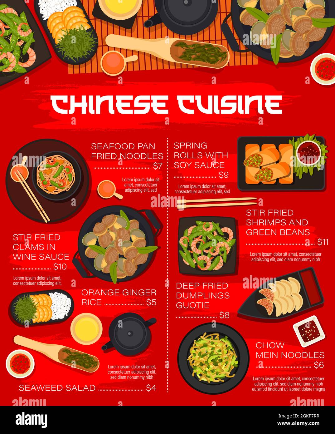 Chinese cuisine restaurant food menu page. Chow Mein and seafood pan ...