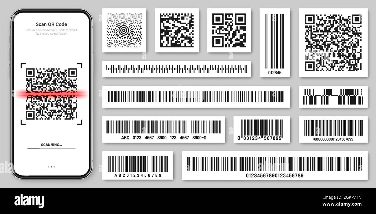 Product barcodes and QR codes. Smartphone application, scanner app. Identification tracking code ...