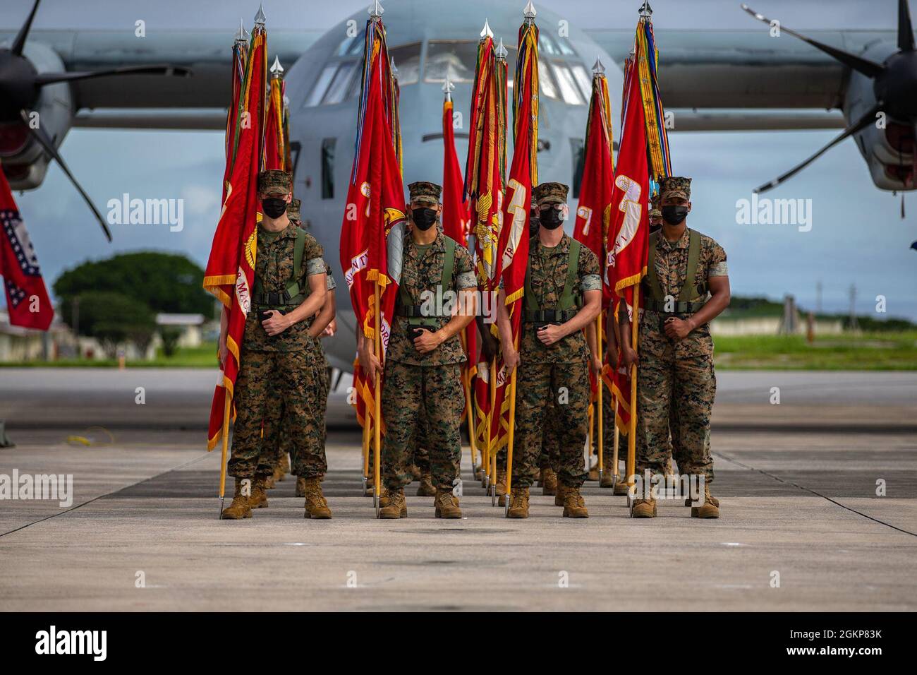 1st Marine Aircraft Wing (MAW) color guard stand posted for a change of ...
