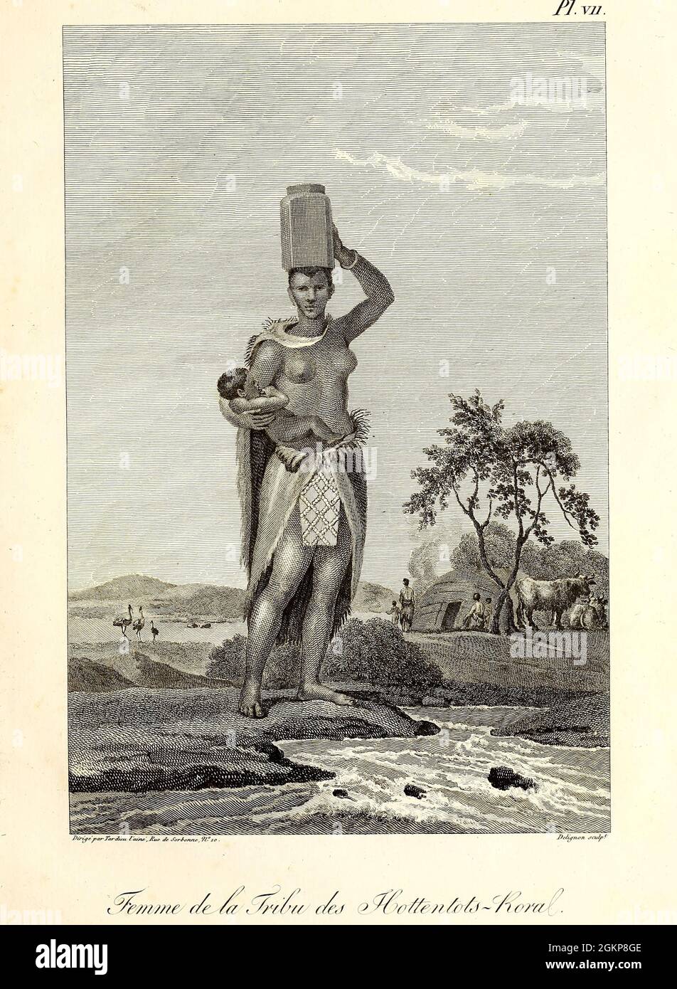 A Kora Hottentot Woman with jug on head from the book Voyage à la Cochinchine par les iles de ...