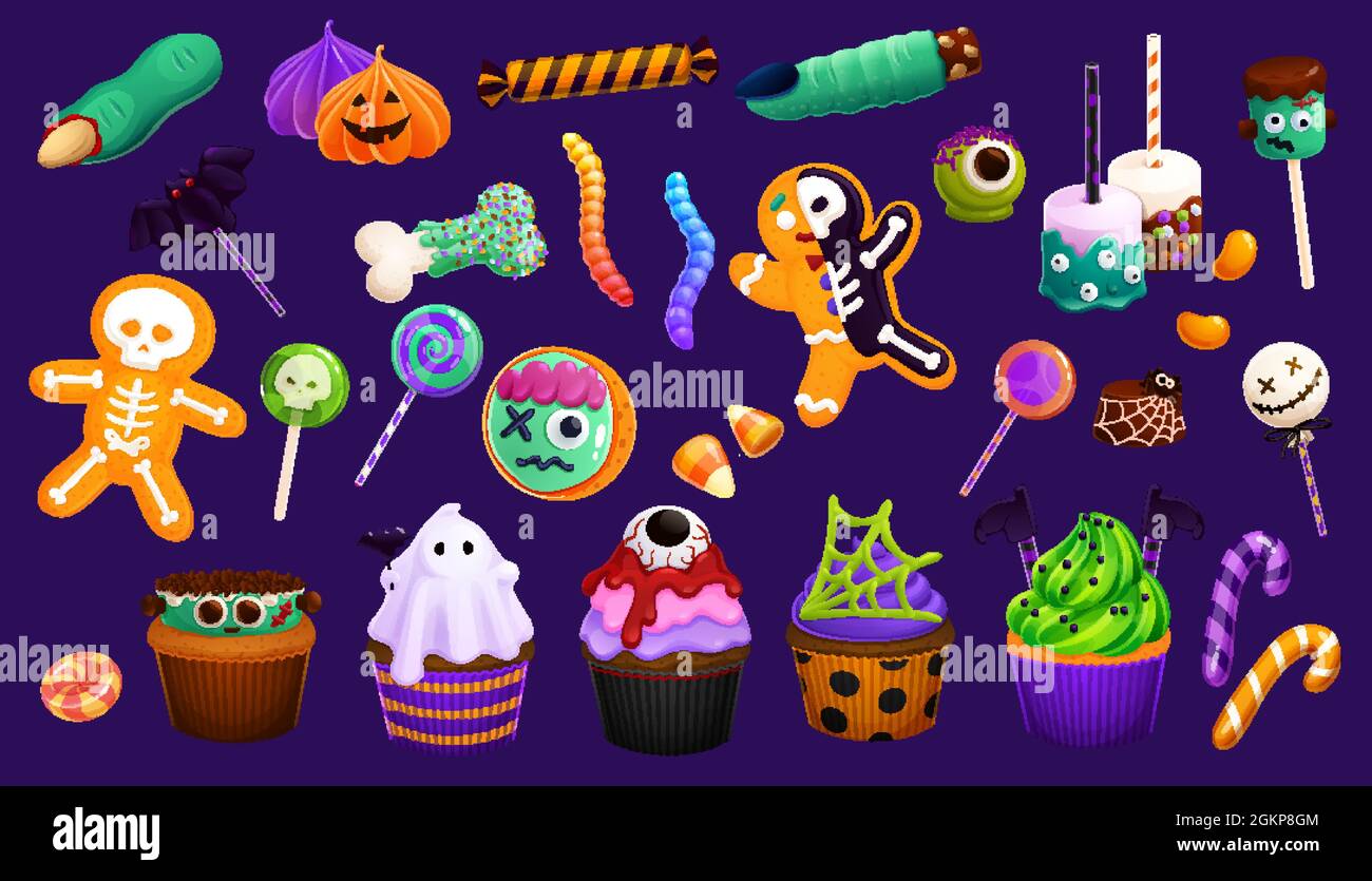 Cartoon Halloween sweets, cupcakes and lollipops, candy corns and witch ...