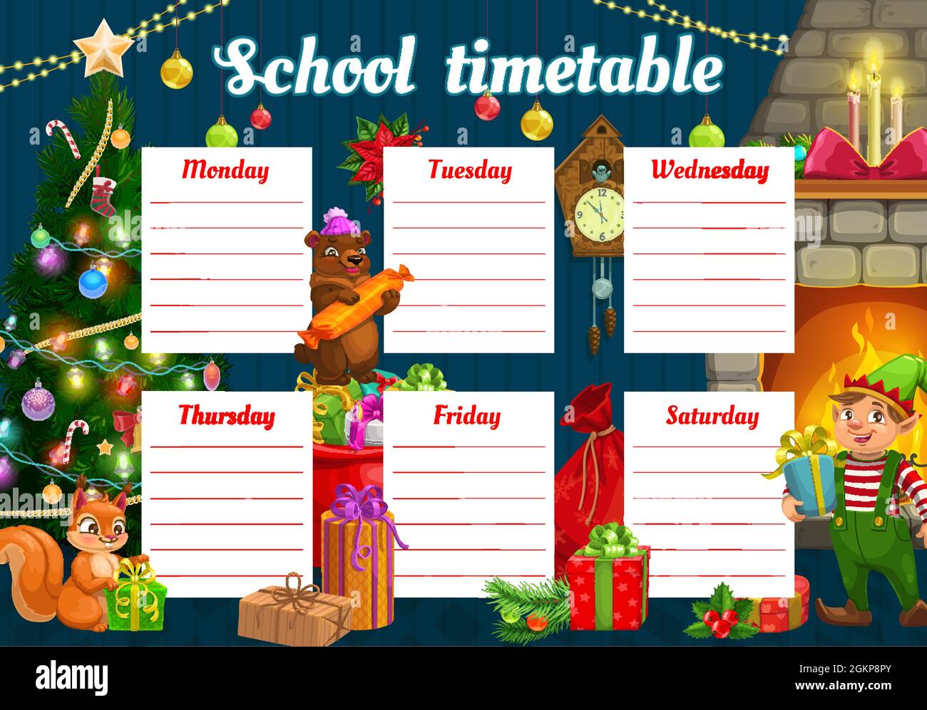 Kids Christmas school timetable with fairytale animals and gifts ...