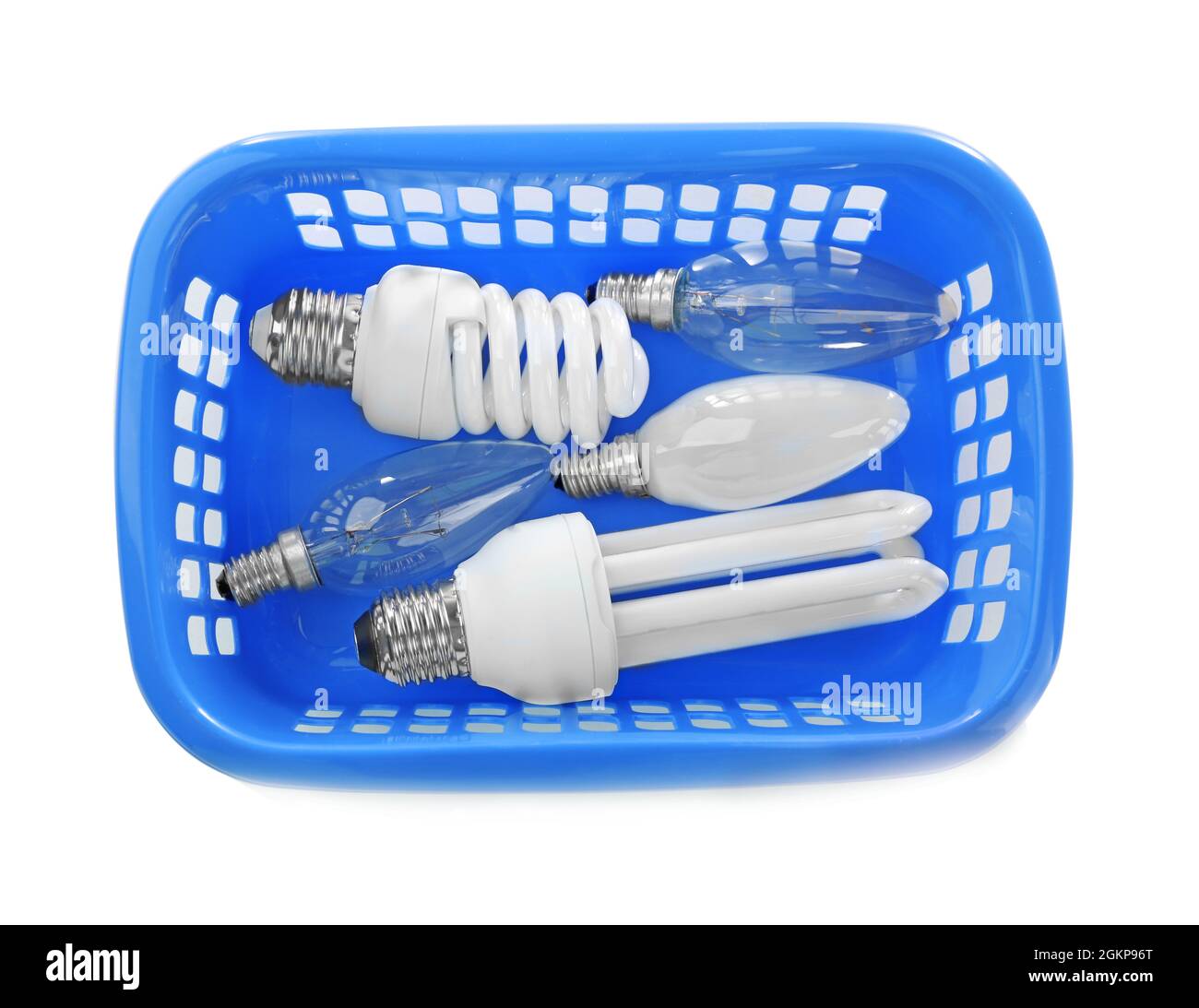 Plastic container with light bulbs on white background Stock Photo - Alamy