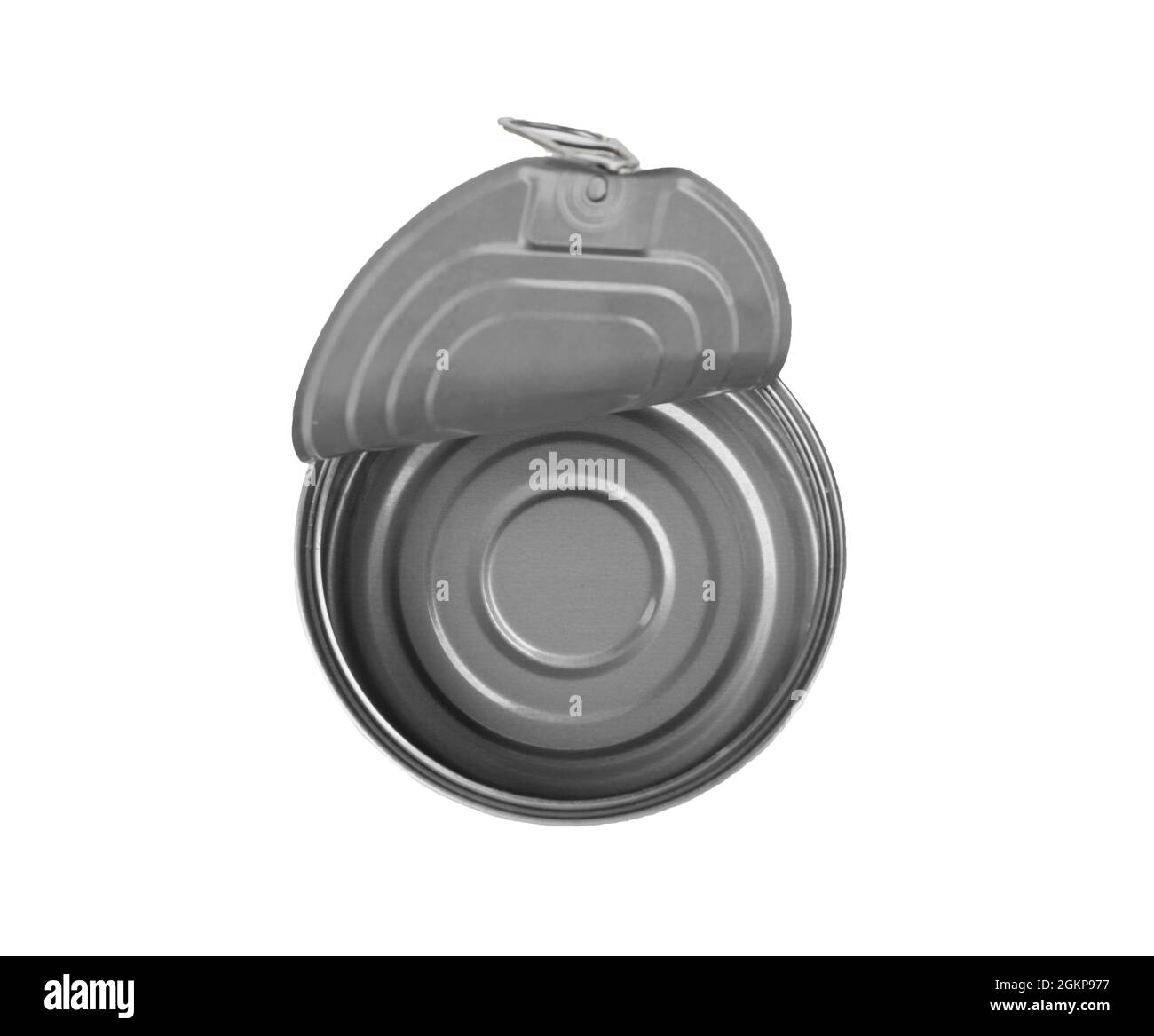 Opened tin can on white background Stock Photo - Alamy