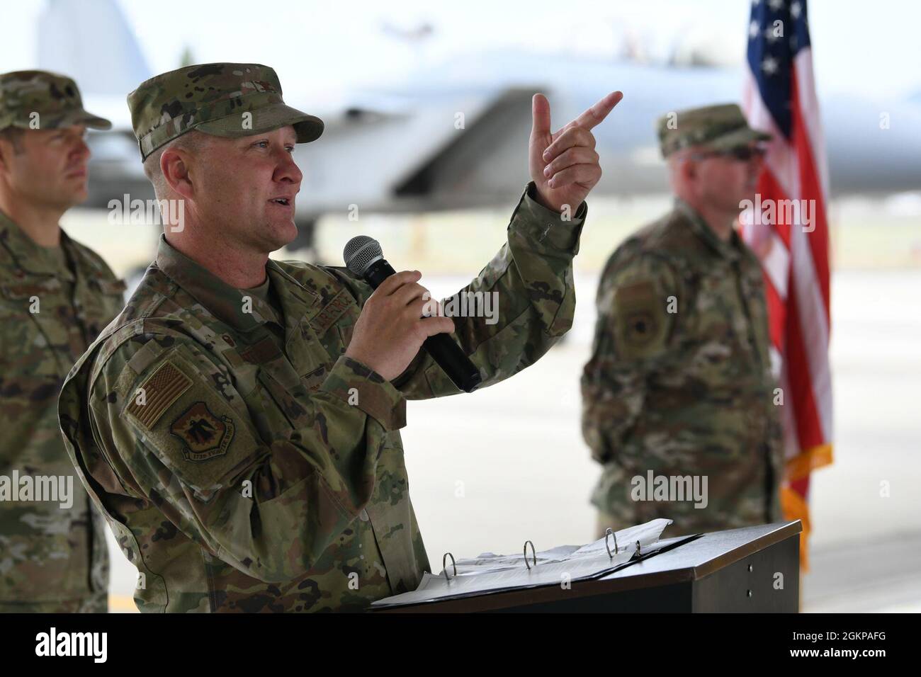 U.S. Air Force Col. Micah Lambert speaks during the 173FW maintenance ...
