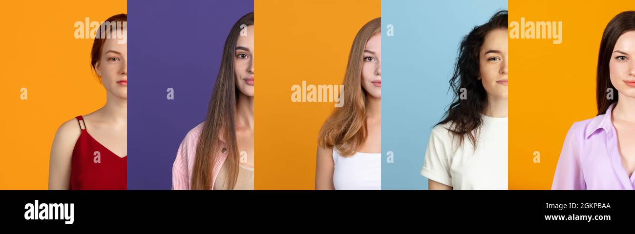 Half-face collage of young beautiful women isolated over multicolored ...